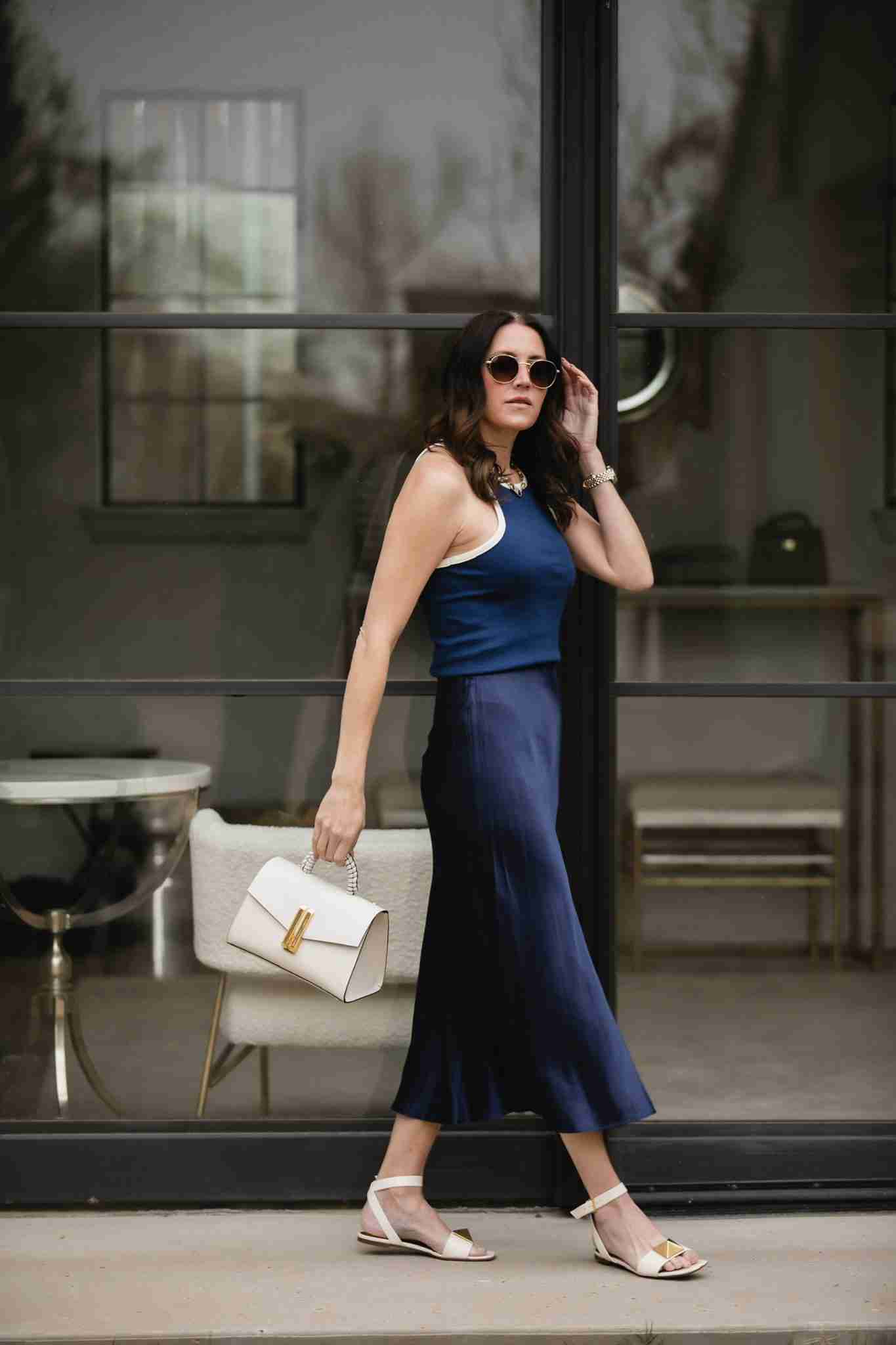 Blue Slip Skirt Outfits - the gray details